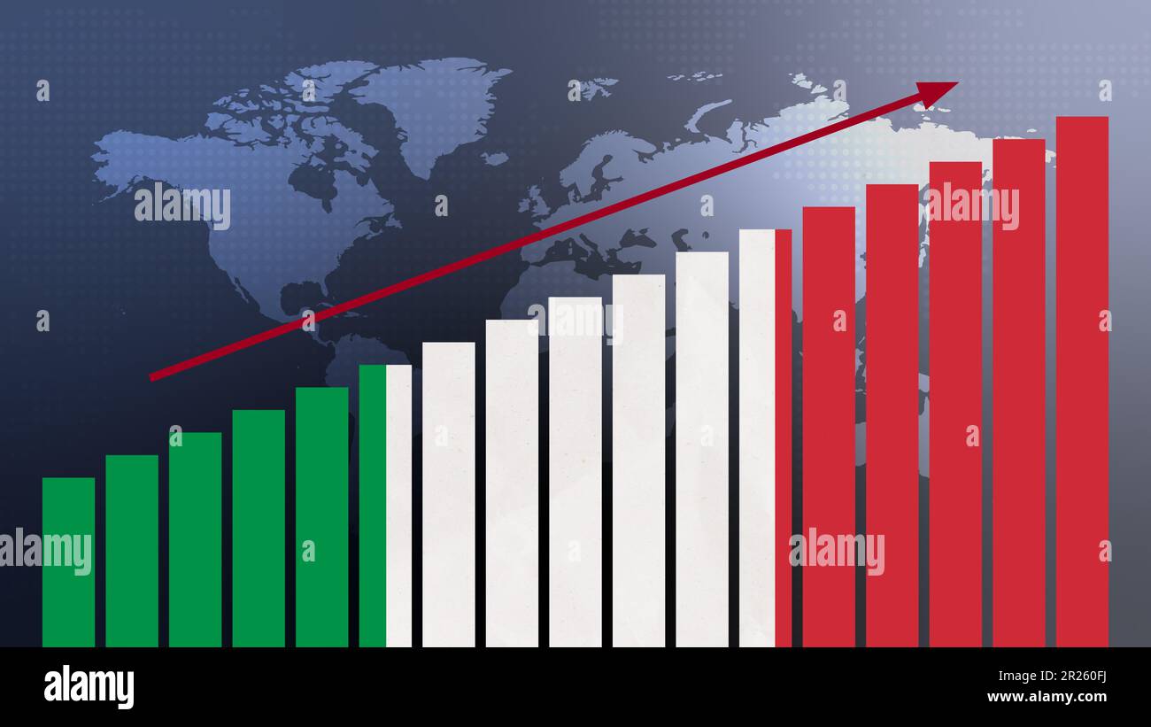 Italy flag on bar chart concept with increasing values, economic ...