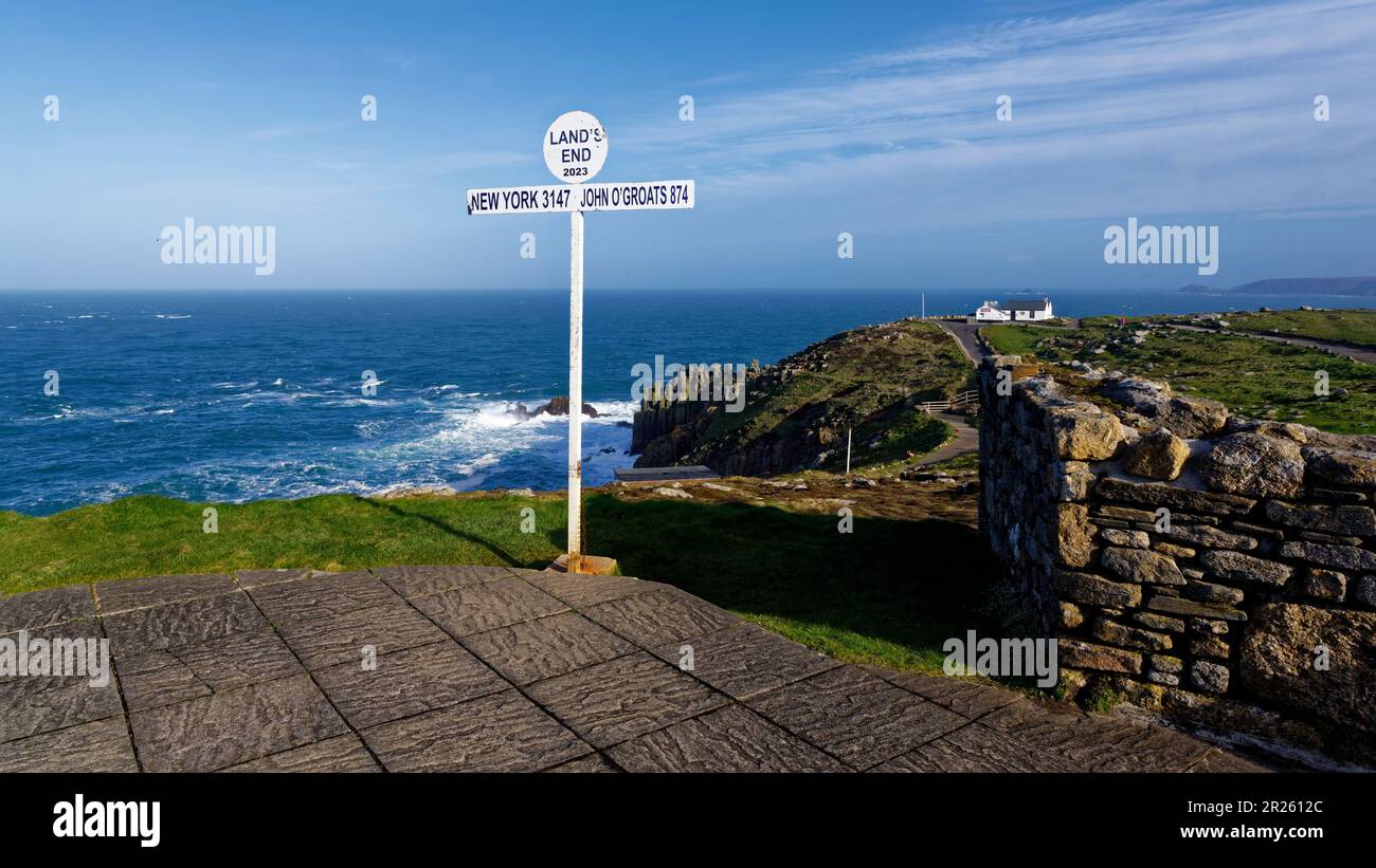 Land's End Sign Post with First and Last House behind, Cornwall, UK ...
