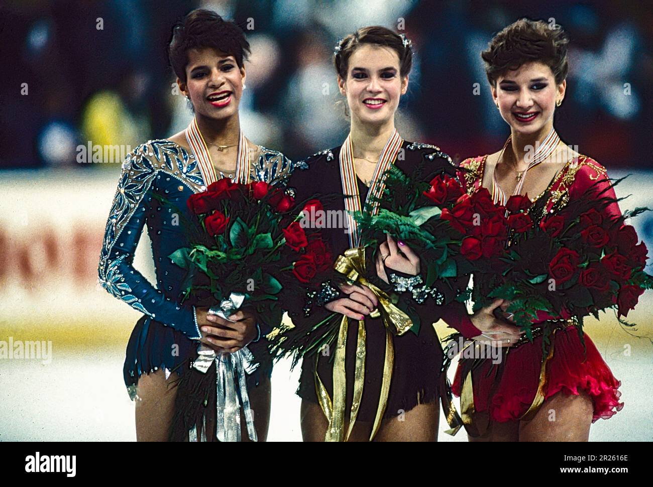Katerina Witt (GDR) -C- wins the gold medal, with Debi Thomas (USA) -L ...