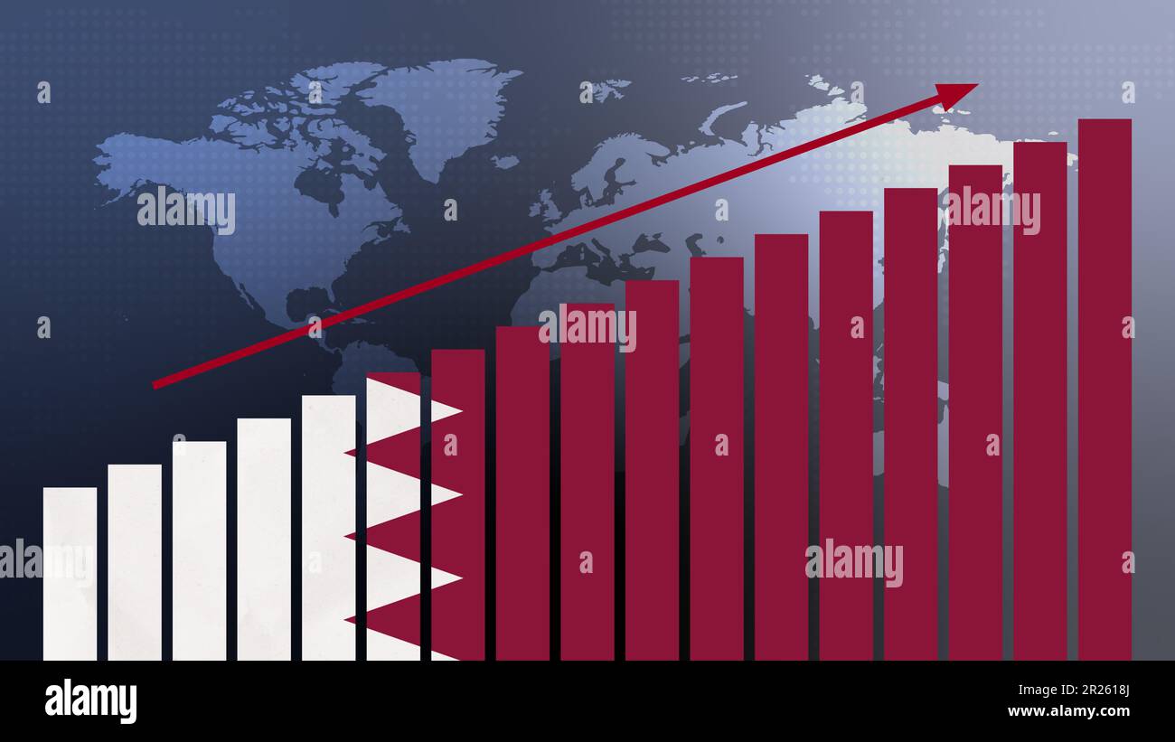 Qatar flag on bar chart concept with increasing values, economic ...