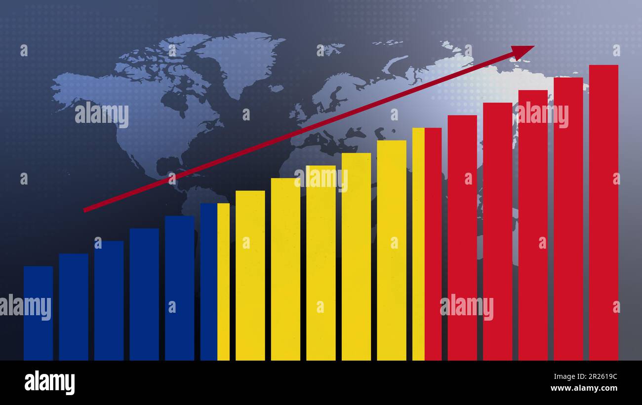 Romania flag on bar chart concept with increasing values, economic ...