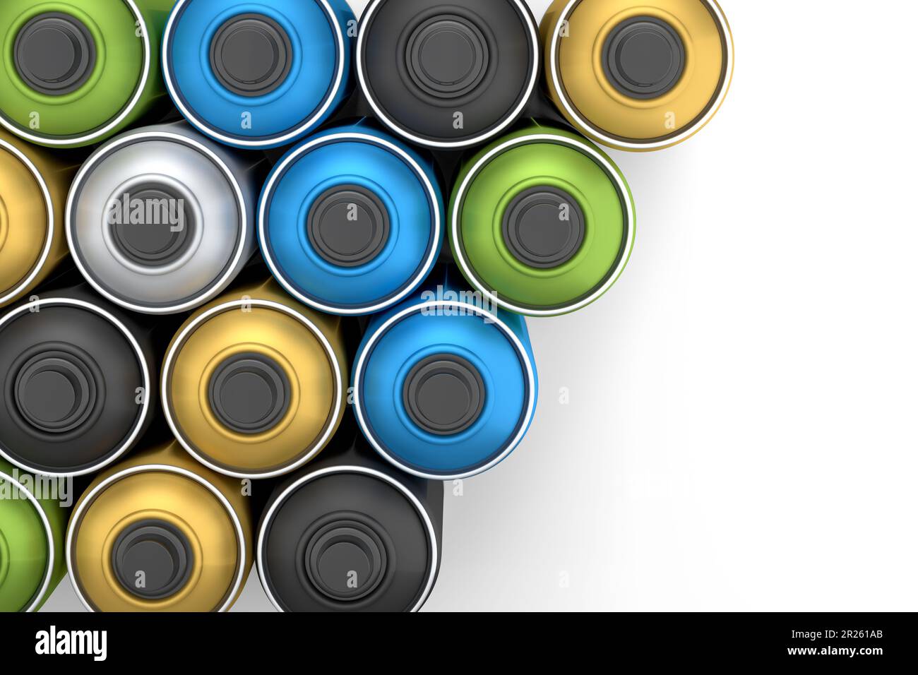Set of colorful spray paint cans in row on white background. 3d render ...