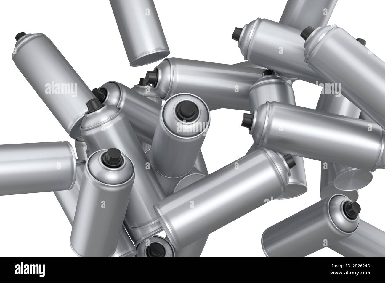 Lots of flying spray paint cans on white background. 3d render spray ...