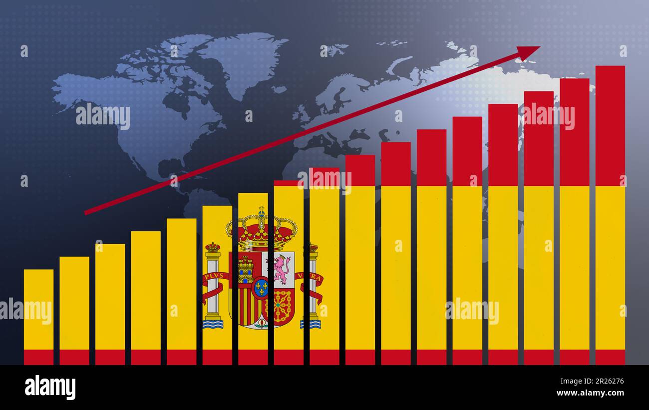 Spain flag on bar chart concept with increasing values, economic ...