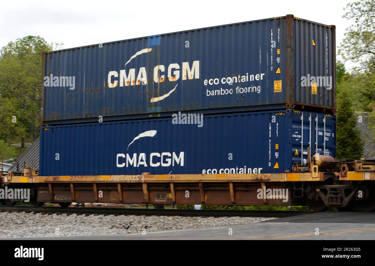 Shipping containers belonging to CMA GGM, a French shipping company ...