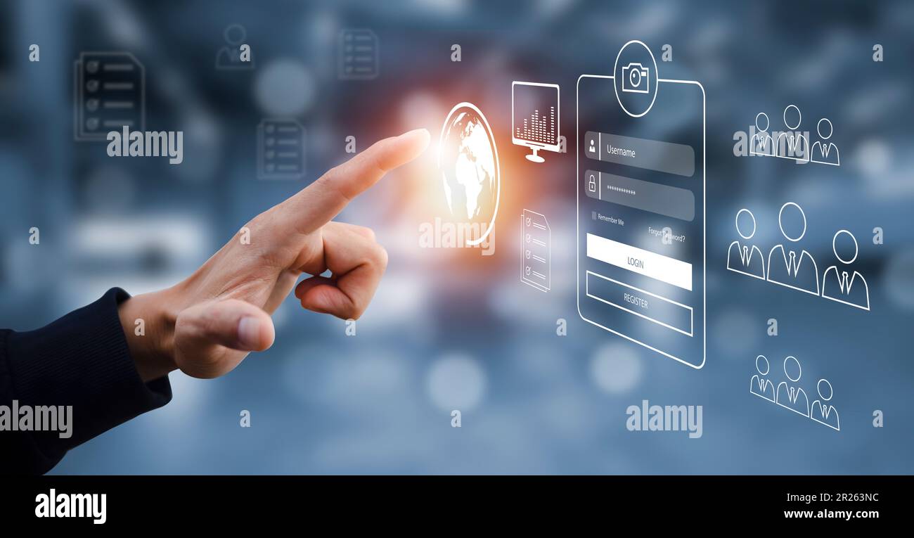 Hand touch virtual global with cyber security concept, Login, User ...
