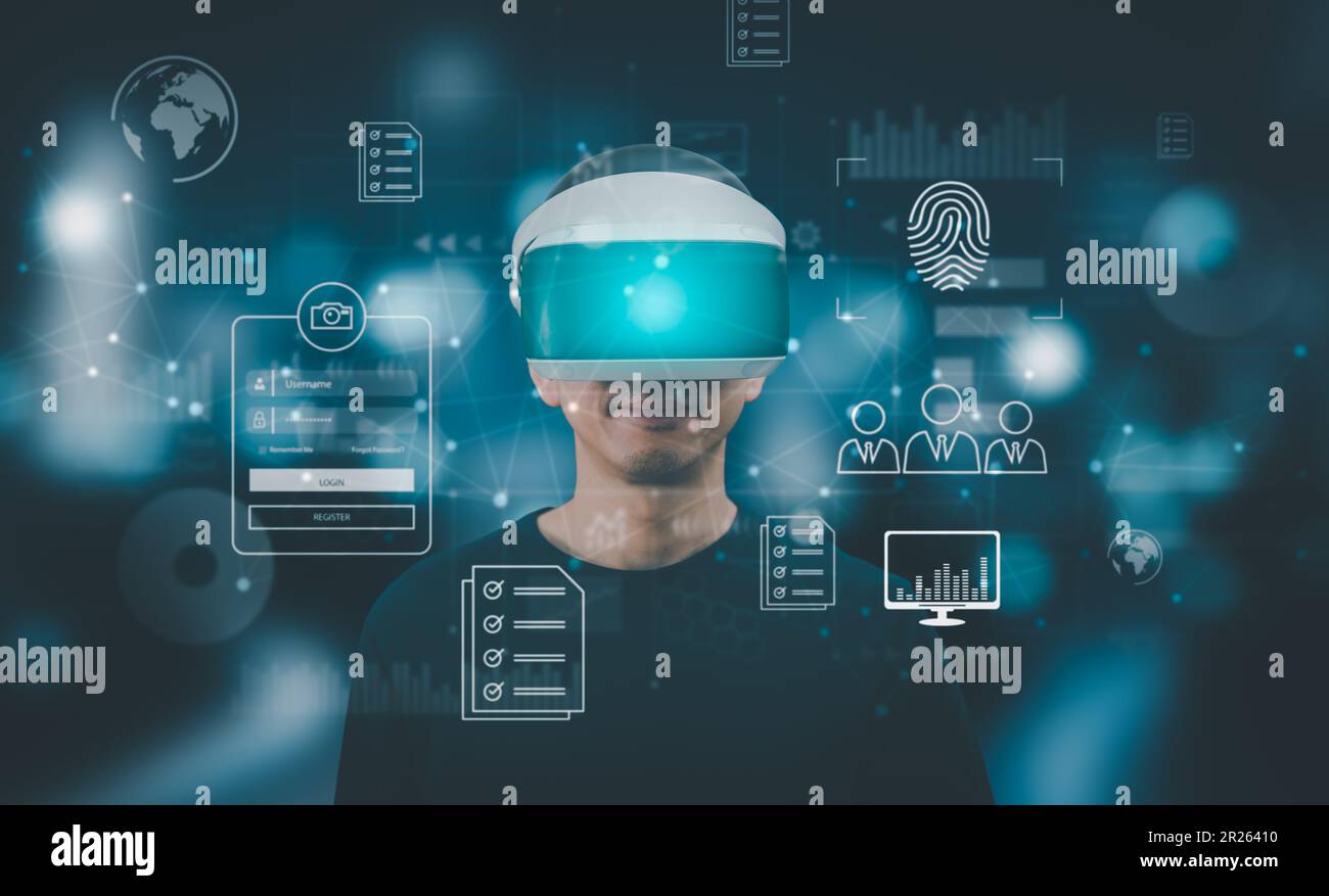 Man wearing VR glasses virtual Global Internet connection metaverse networking, sharing download ...