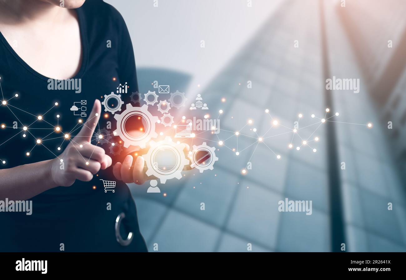 woman using mobile smartphone with setting icon of technology ...