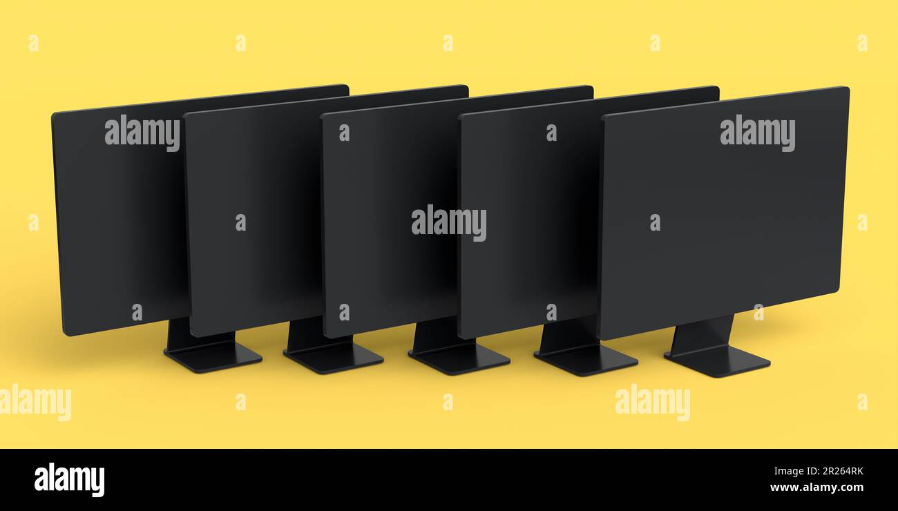 Set Of Desktop Computers With Blank Screen Display Isolated On Yellow