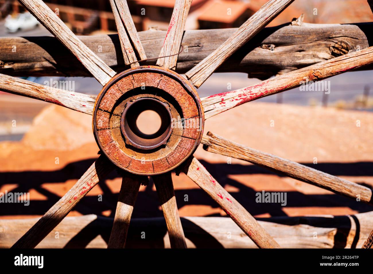 Close-up of old wagon wheel; Gouldings Trading Post; Monument Valley ...