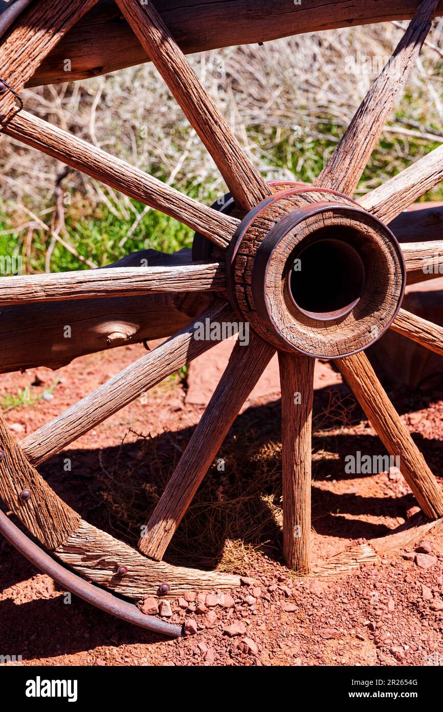 Close-up of old wagon wheel; Gouldings Trading Post; Monument Valley ...