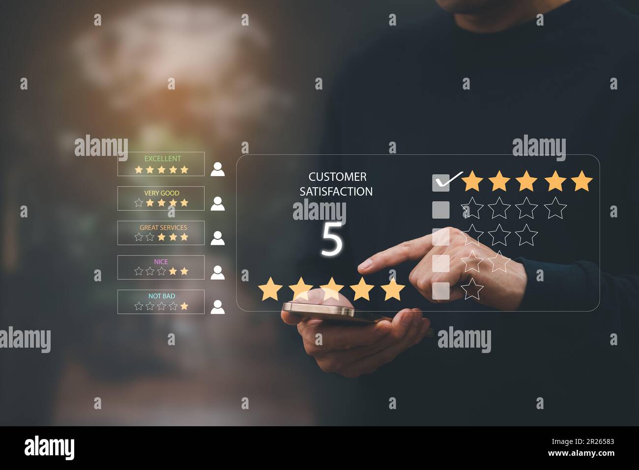 Man touch smartphone with Customer review satisfaction feedback survey concept, User give rating ...