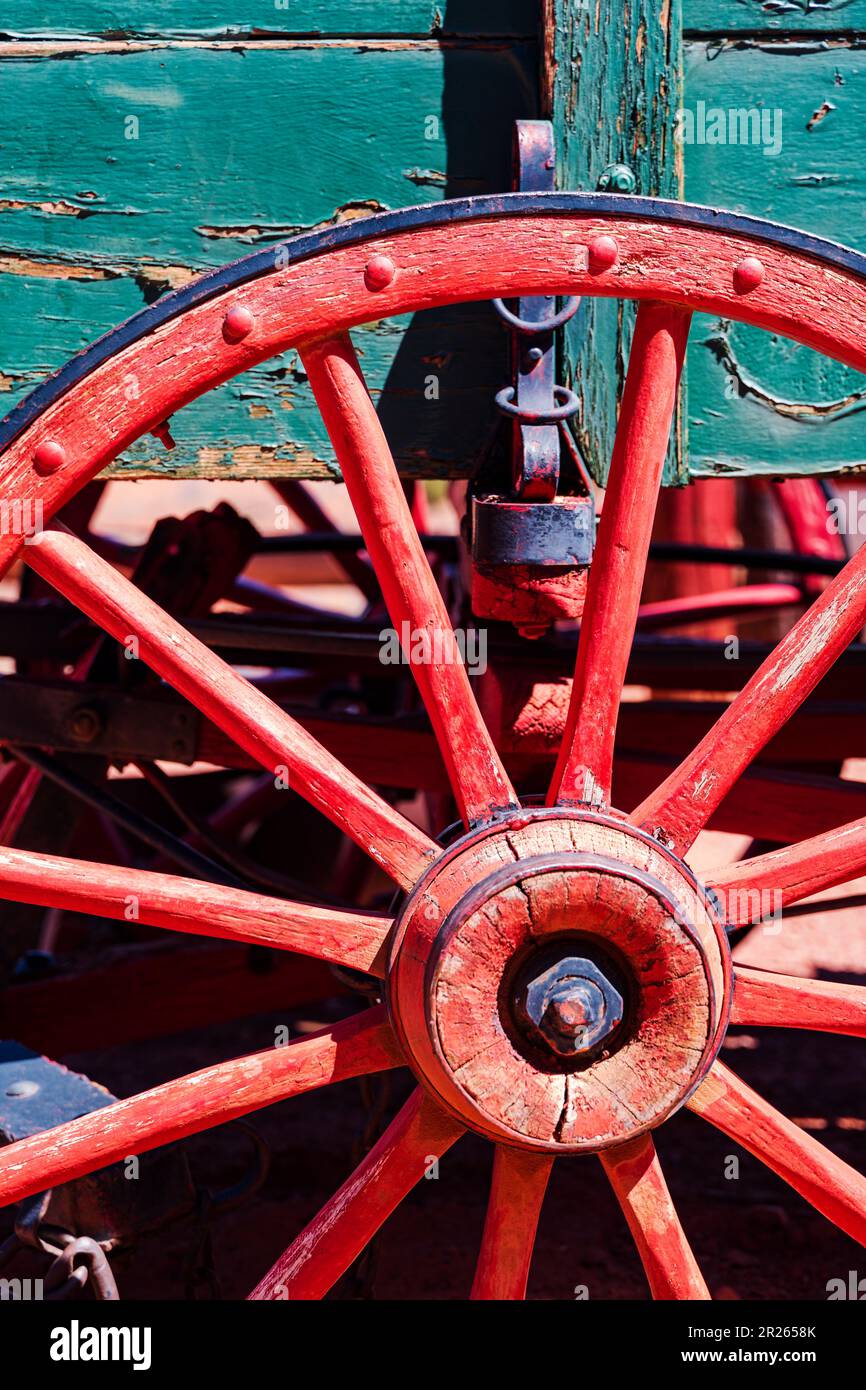 Close-up of old wagon wheel; Gouldings Trading Post; Monument Valley ...