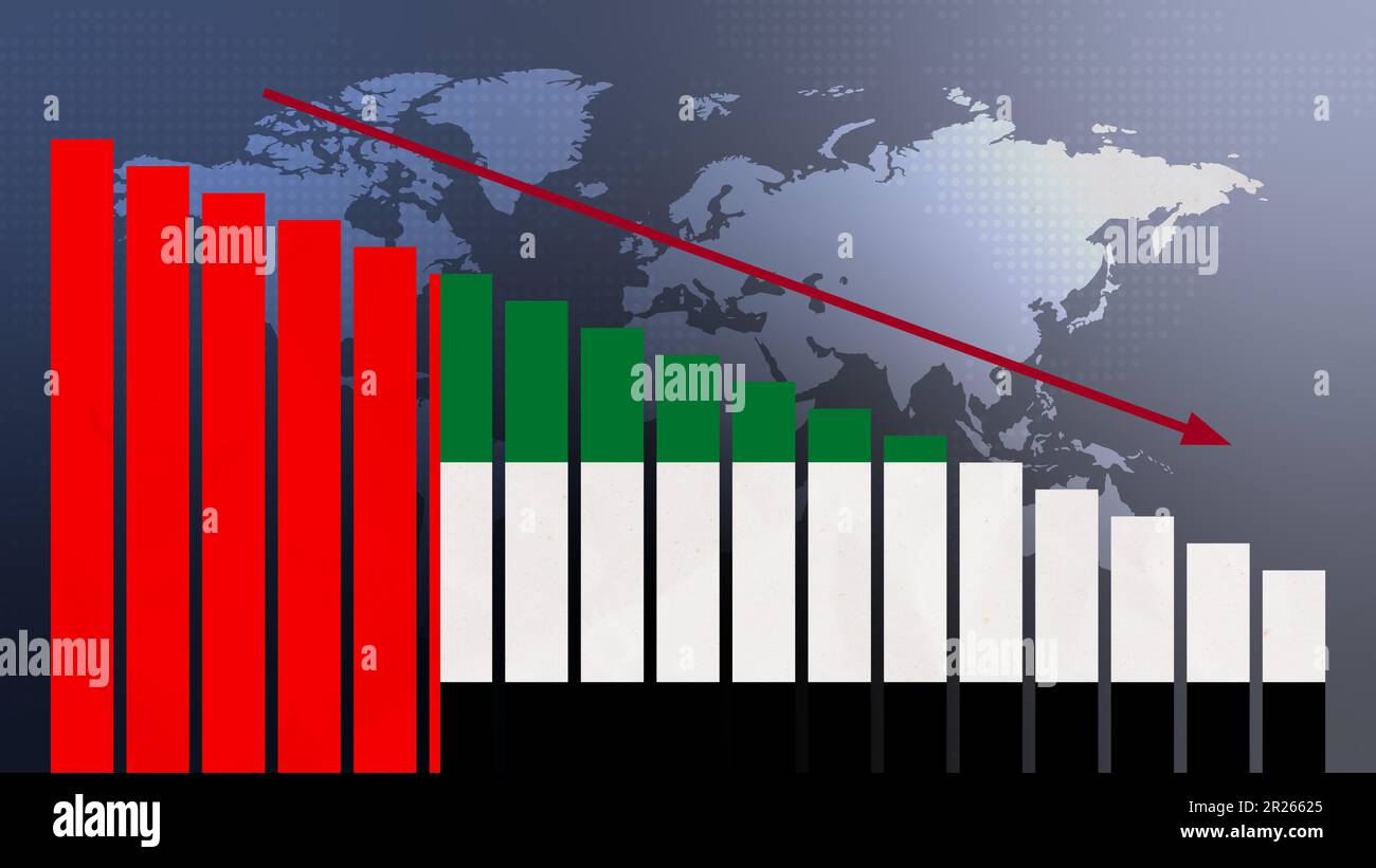 United Arab Emirates flag on bar chart concept with decreasing values ...
