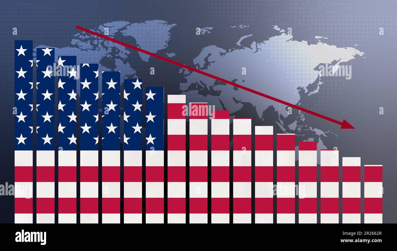 United States flag on bar chart concept with decreasing values, concept ...