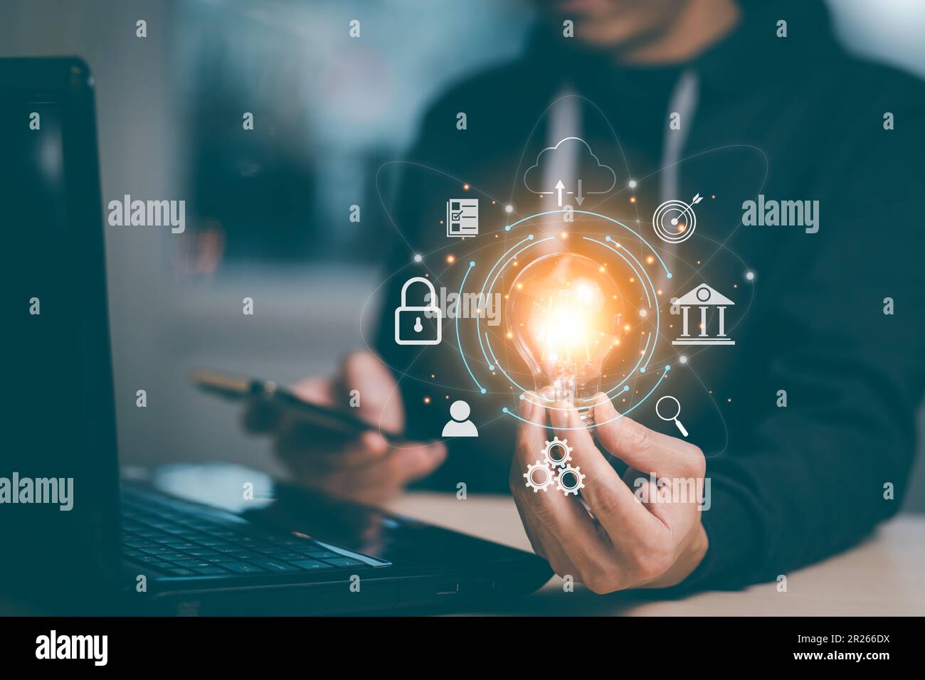 thinking and creative concept, Close up the light bulb and man working ...