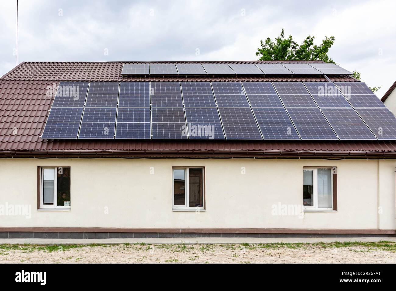 May 17, 2023, Horenka, Ukraine: Solar panels are seen on a building of ...