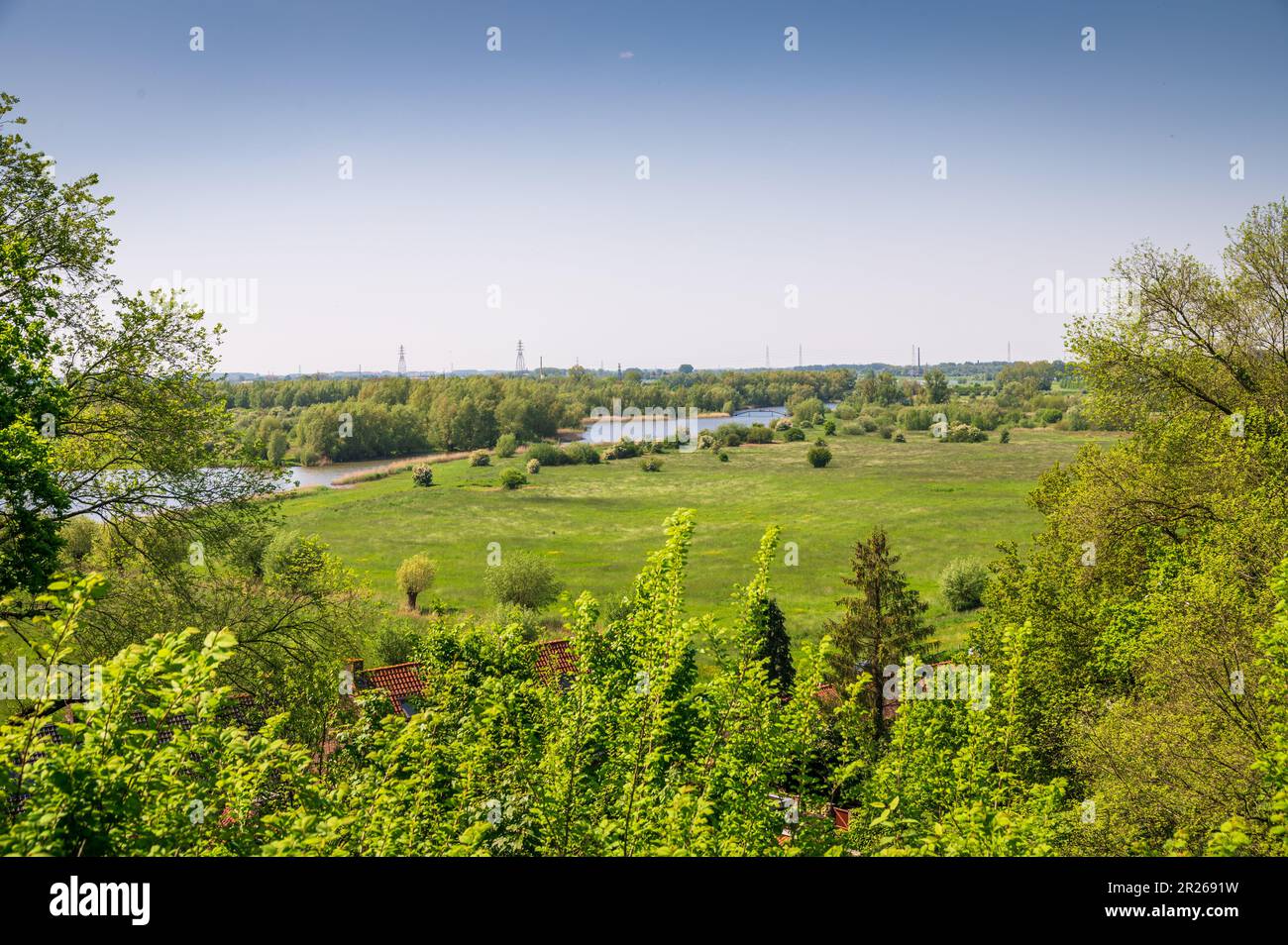 View of green grass area with trees in the foreground Stock Photo - Alamy