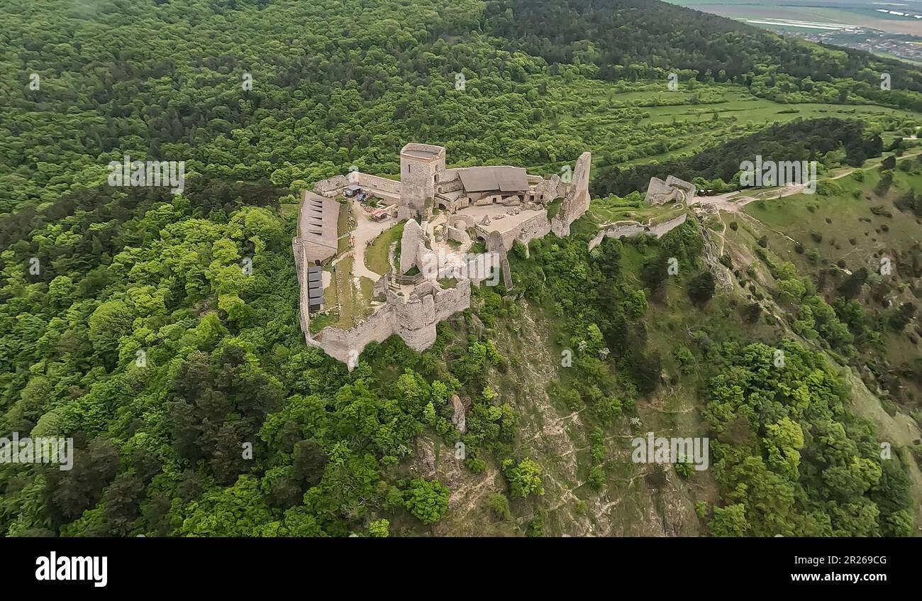 Aerial view of the mid-13th century Cachtice Castle which was a ...