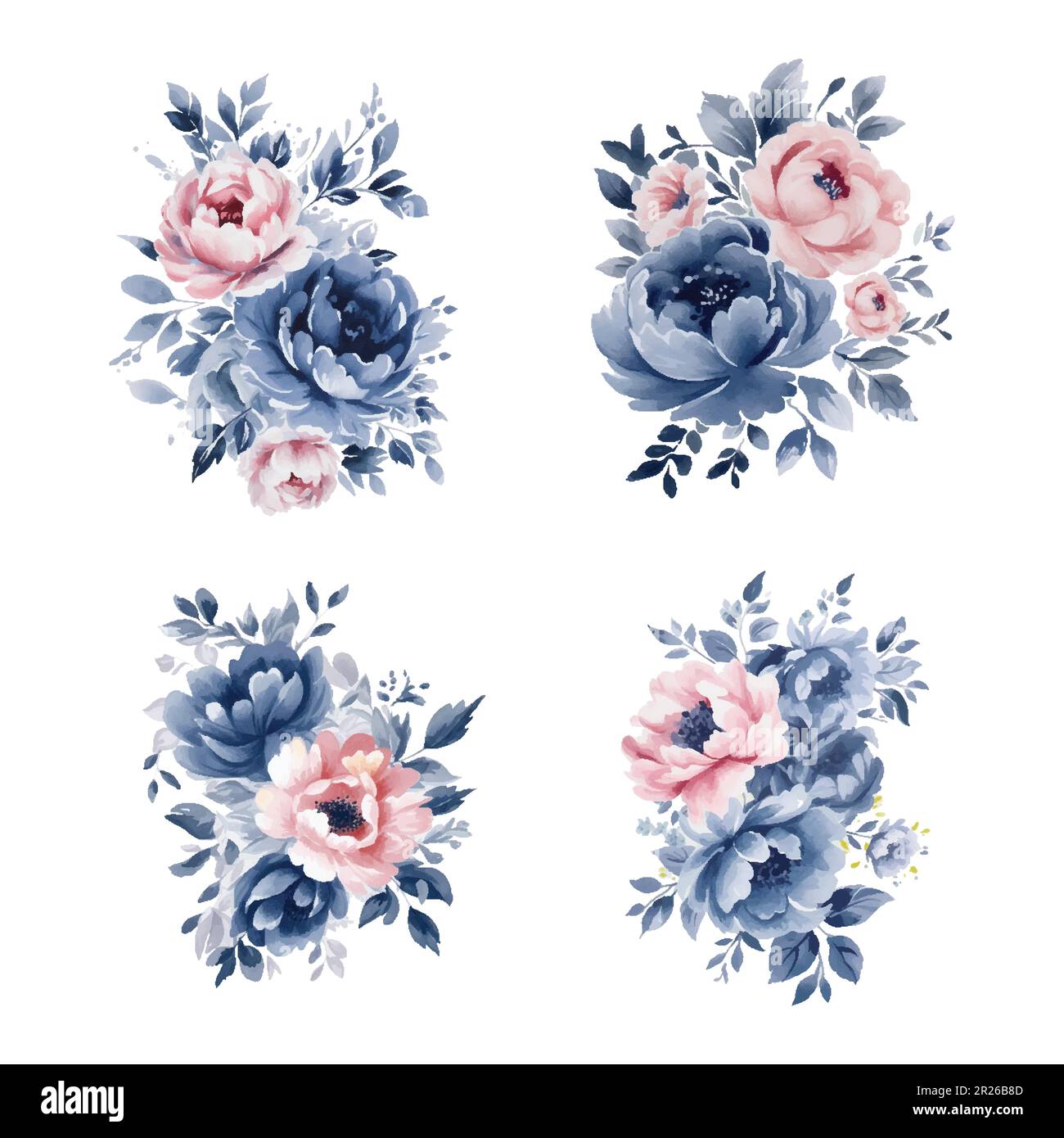 Watercolor navy blue and pink flowers set, vintage vector flowers ...