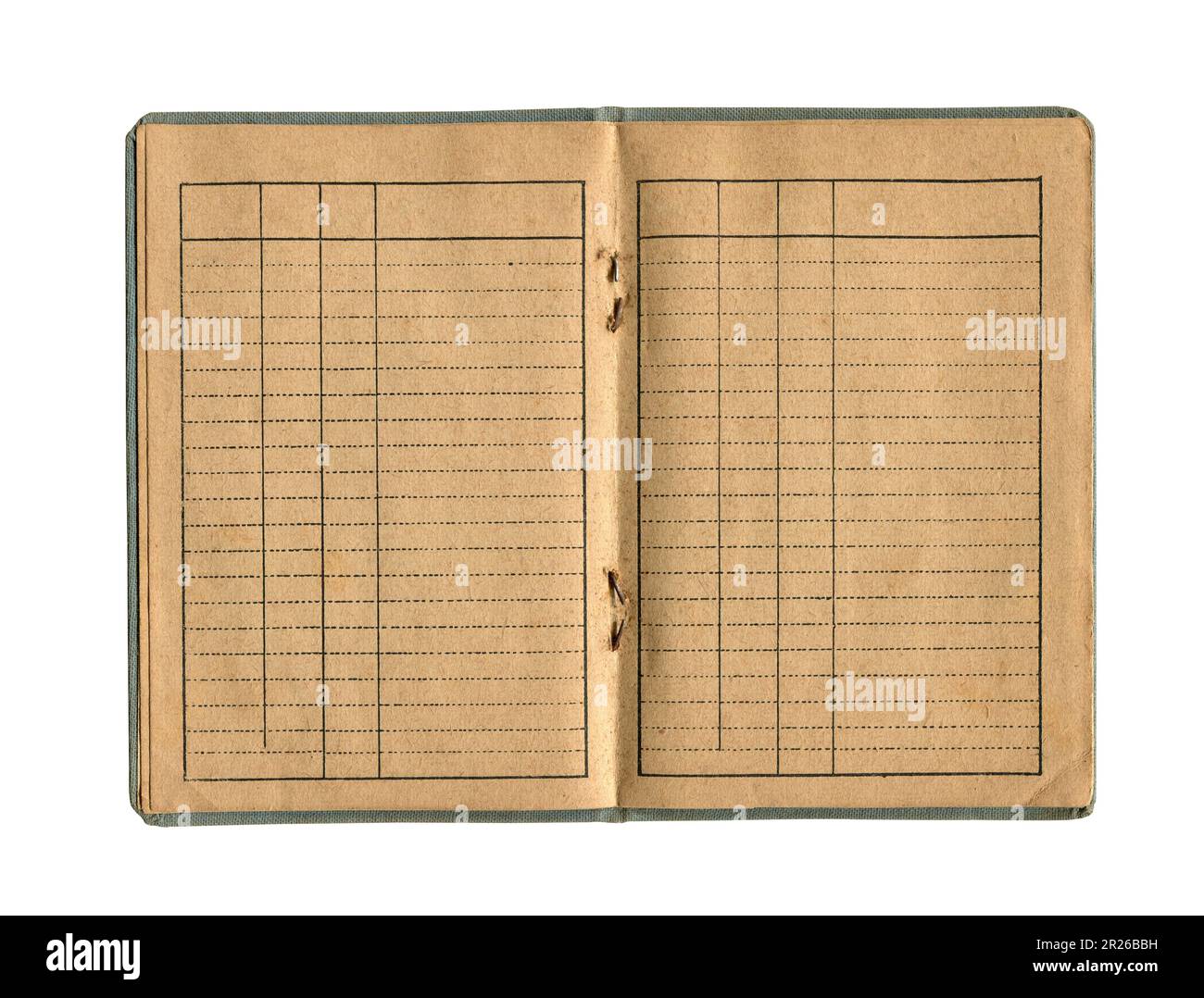 front view closeup detail of small old open notebook with vintage ...