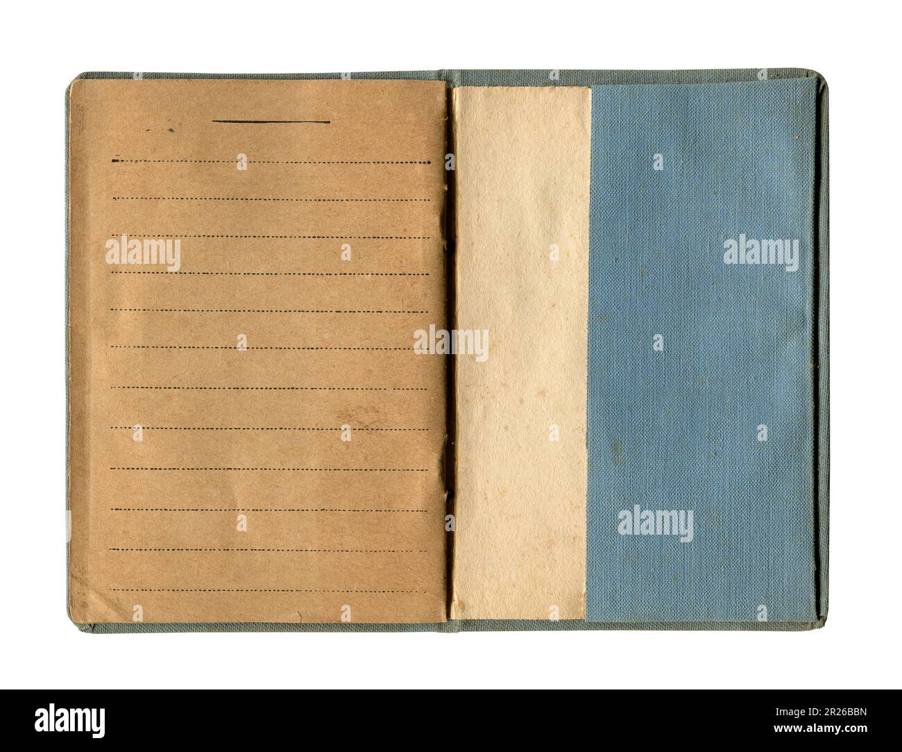 front view closeup detail of small old open notebook with vintage ...