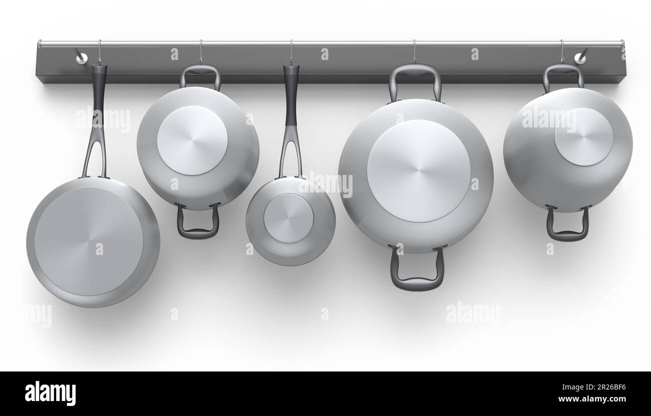 Set of stainless steel stewpot, frying pan and chrome plated aluminum ...