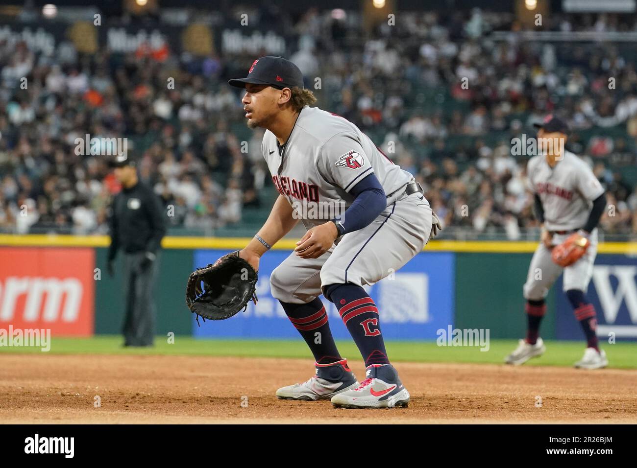 Cleveland Guardians first baseman Josh Naylor sets up on defense in a ...