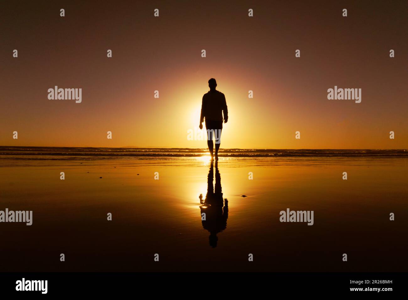 Low angle view of a young man walking on beach at sunset with his ...