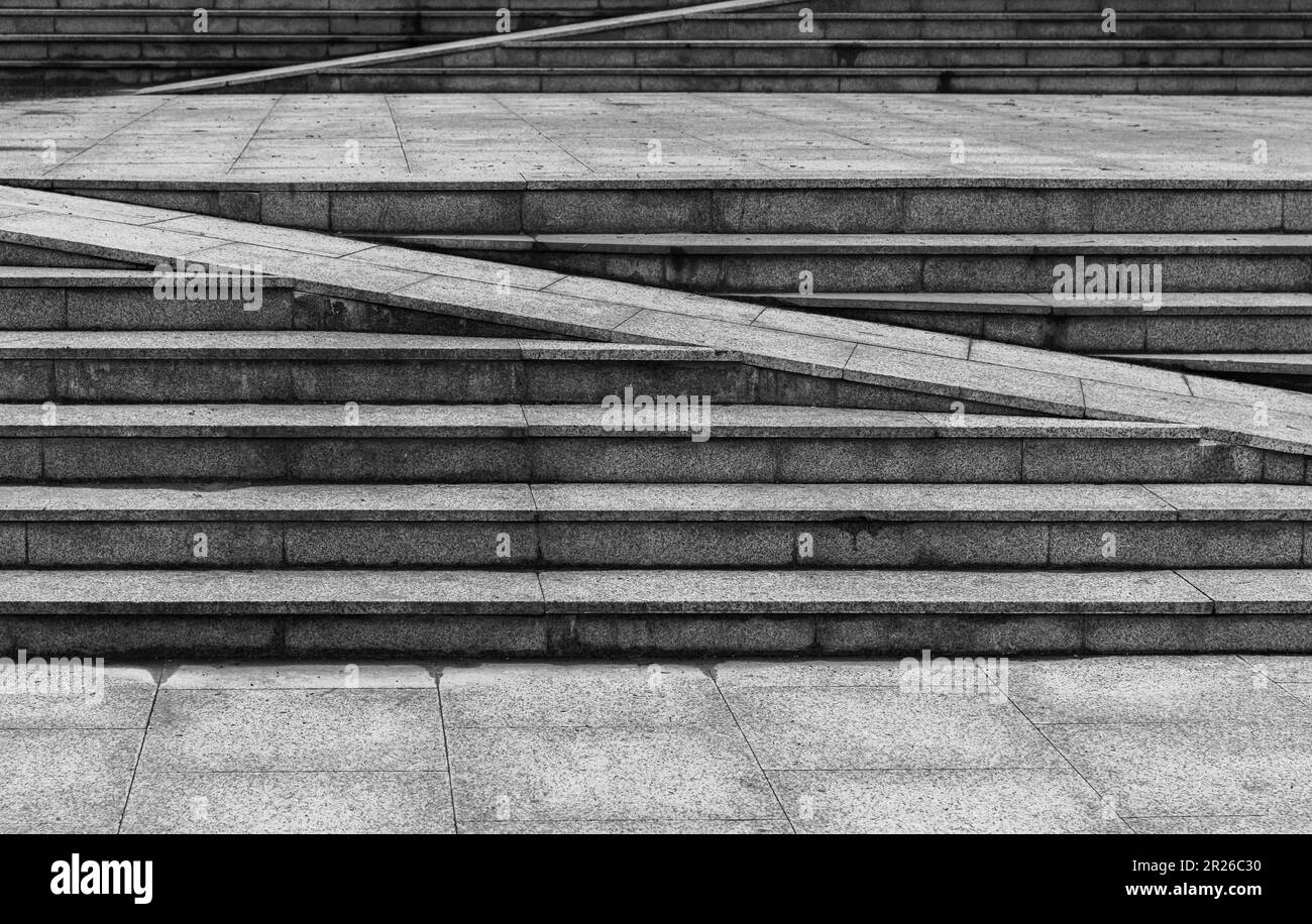 Outdoor urban granite stairs with a ramp, front view, architecture ...
