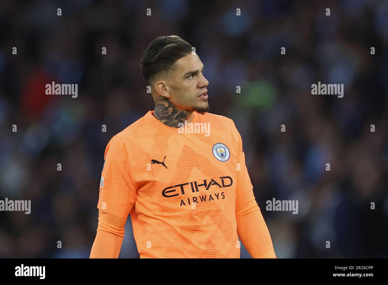 Ederson #31 of Manchester City looks up at the big screen during the ...