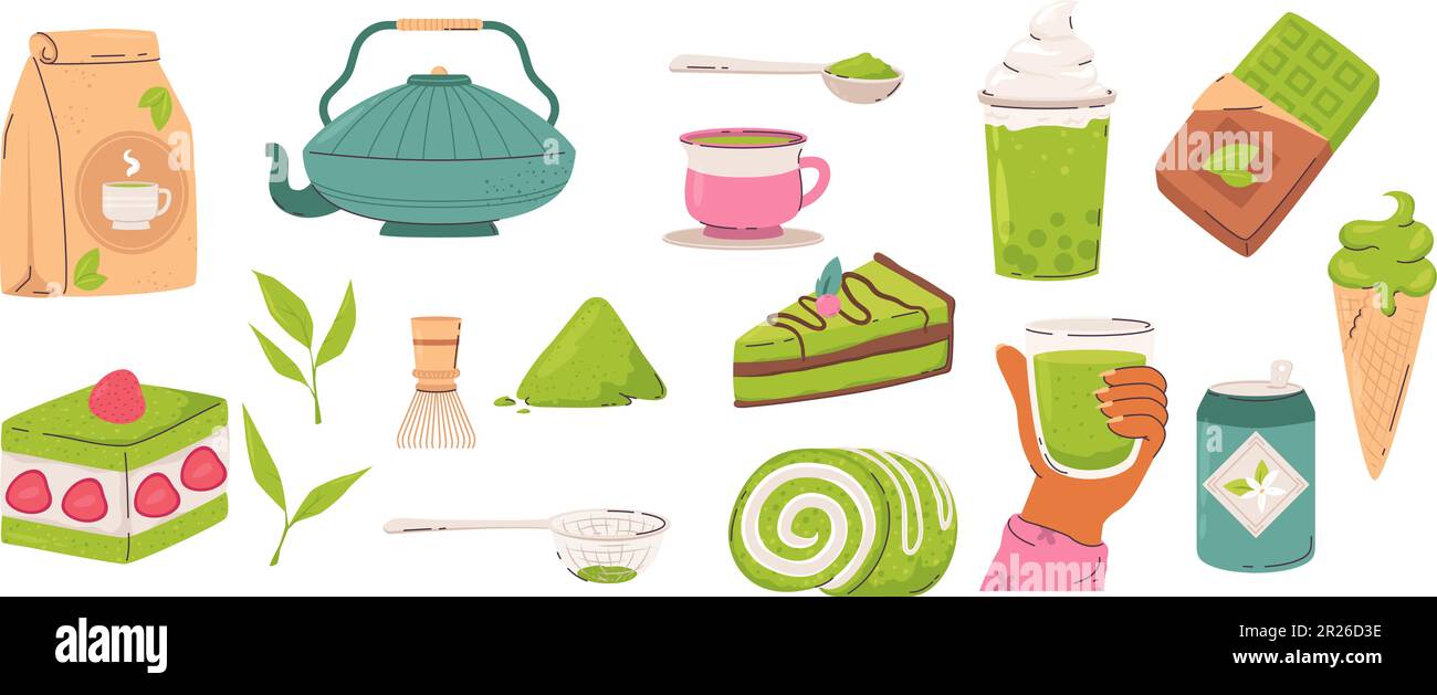 Matcha food and tea. Cake, green sweet desserts and chocolate. Isolated ...