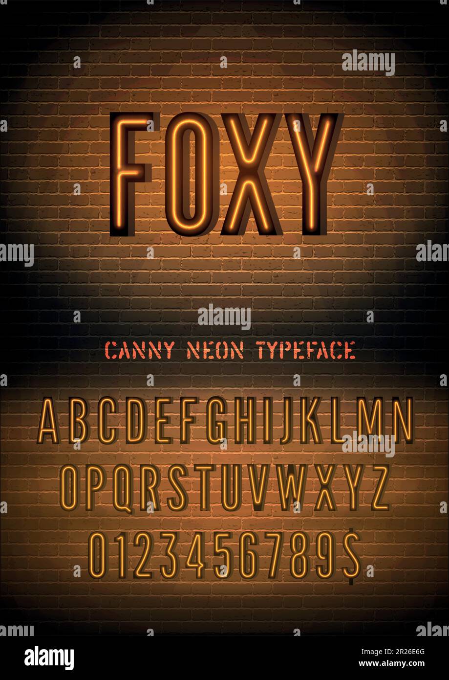Narrow orange neon font with numbers on dark brick wall background ...