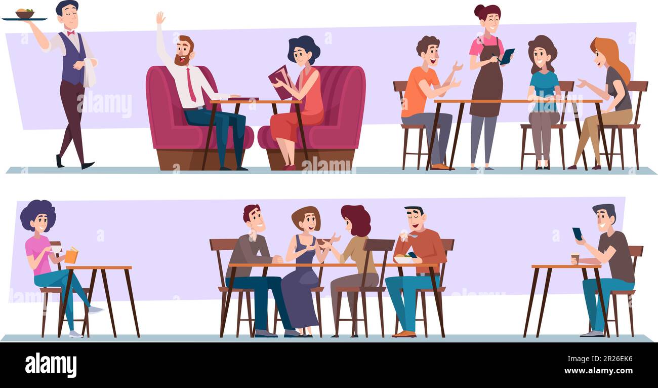 Friends meeting. Couples male and female seating in restaurant dinner ...