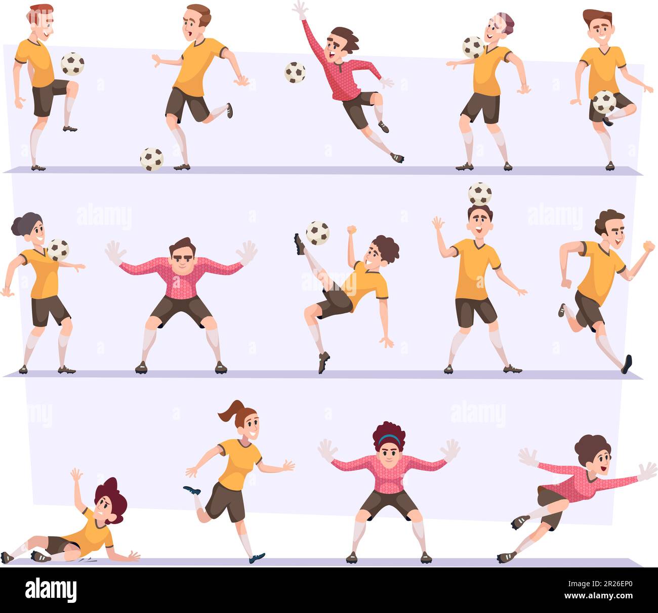 Soccer players. Football male and female characters in action poses ...