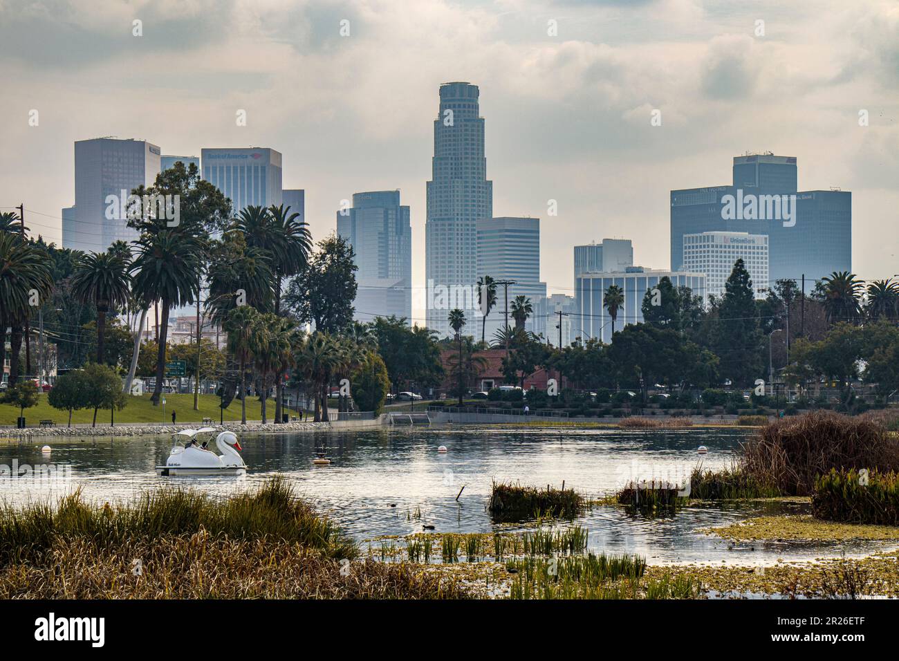 Downtown skyline from Echo Park, Los Angeles, California Stock Photo ...