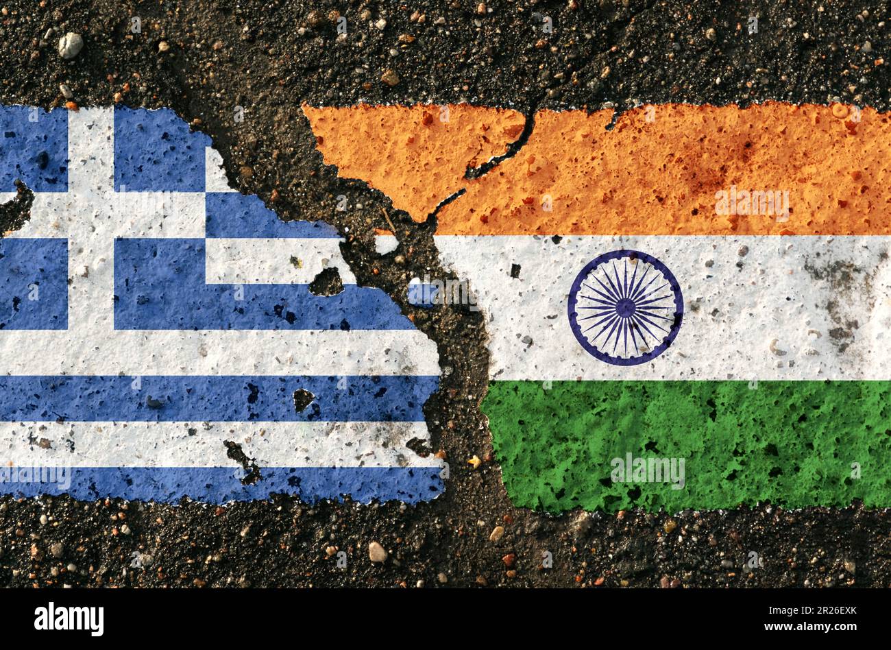 On the pavement are images of the flags of Greece and India, as a ...