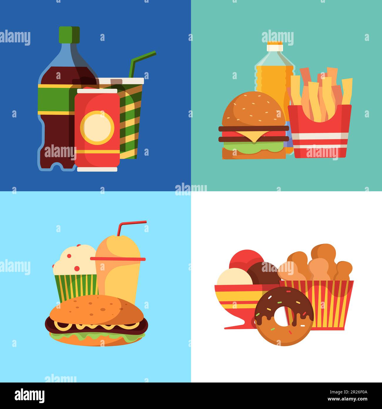 Fast food. set of junk unhealthy products snacks drinks burgers and ice ...