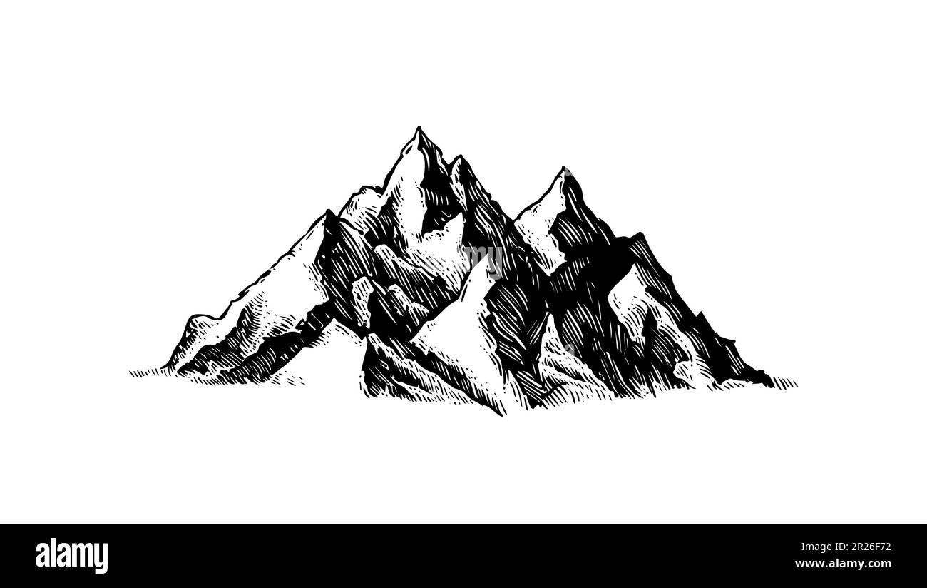 Mountain with pine trees and landscape black on white background. Hand ...
