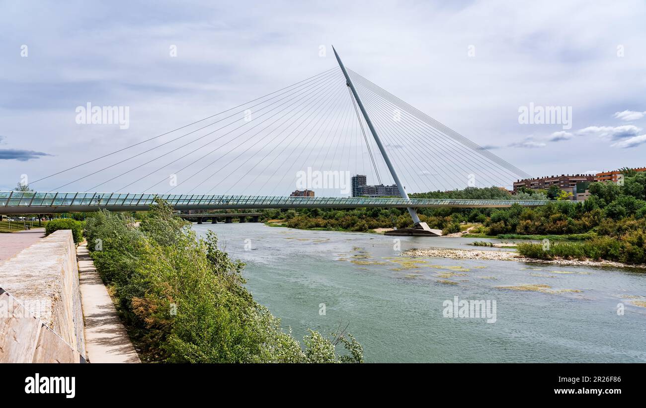 Modern Calatrava bridge that crosses the Ebro River in the tourist city ...