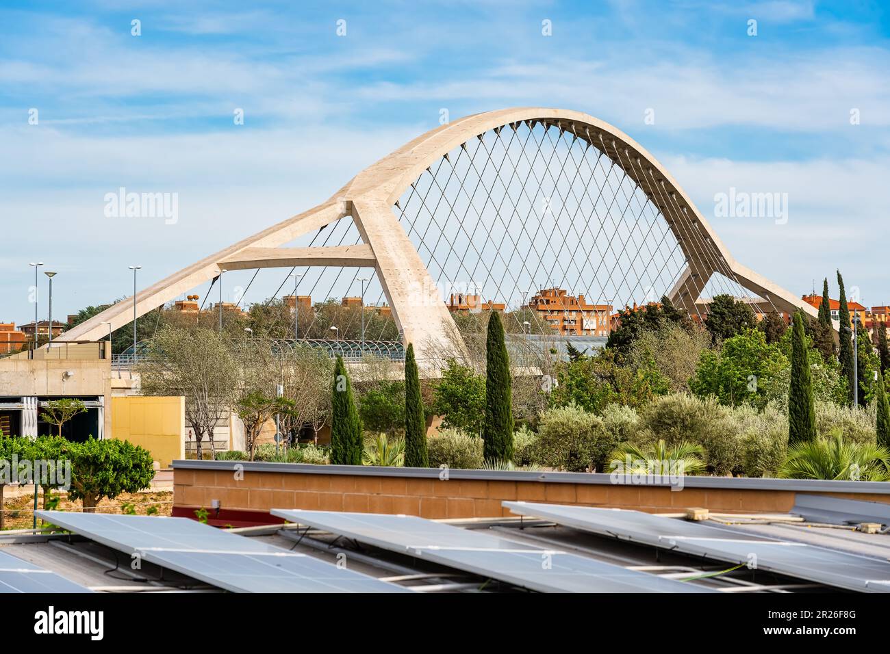 Modern suspension bridge in Calatrava arch that crosses the Ebro River ...