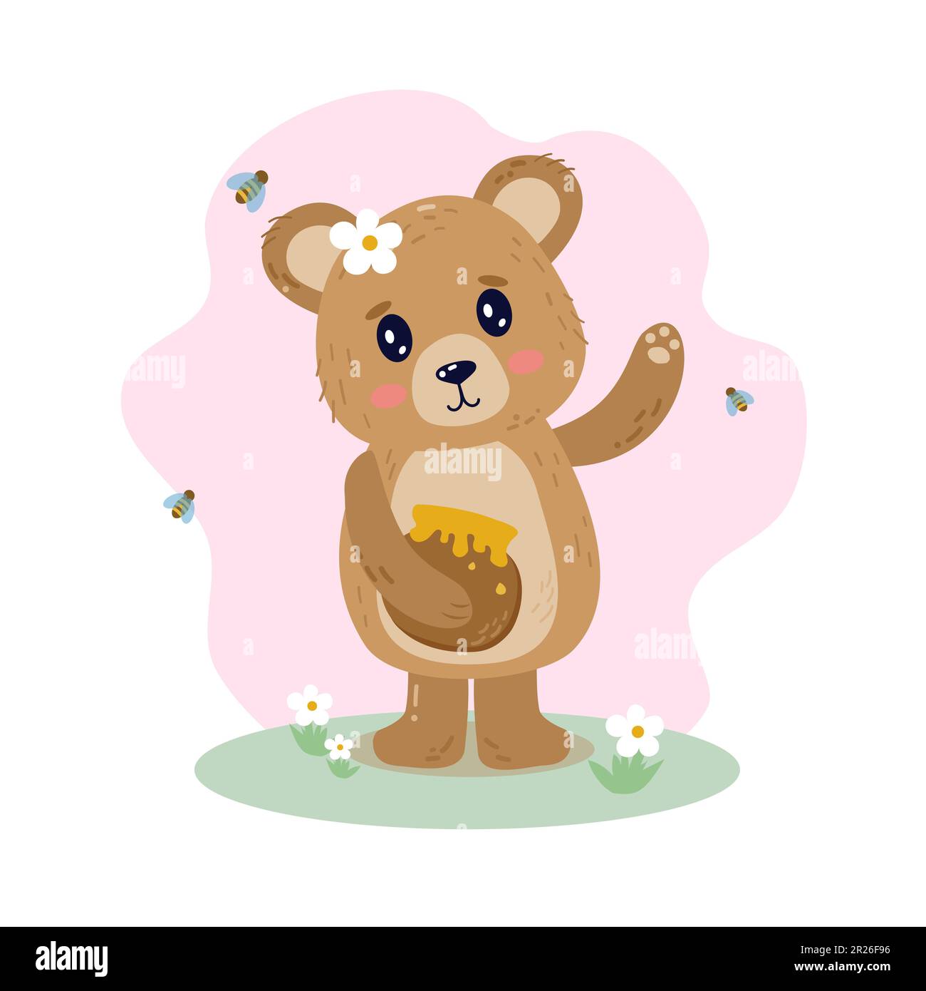 Cute bear character with honey pot, bees and flower Stock Vector Image ...