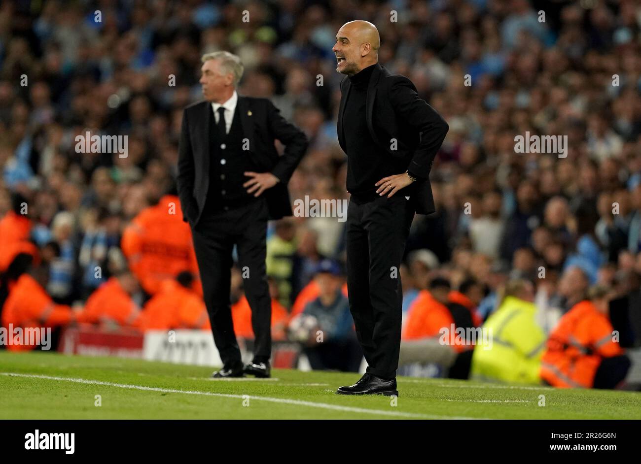 Manchester City manager Pep Guardiola on the sideline during the UEFA ...