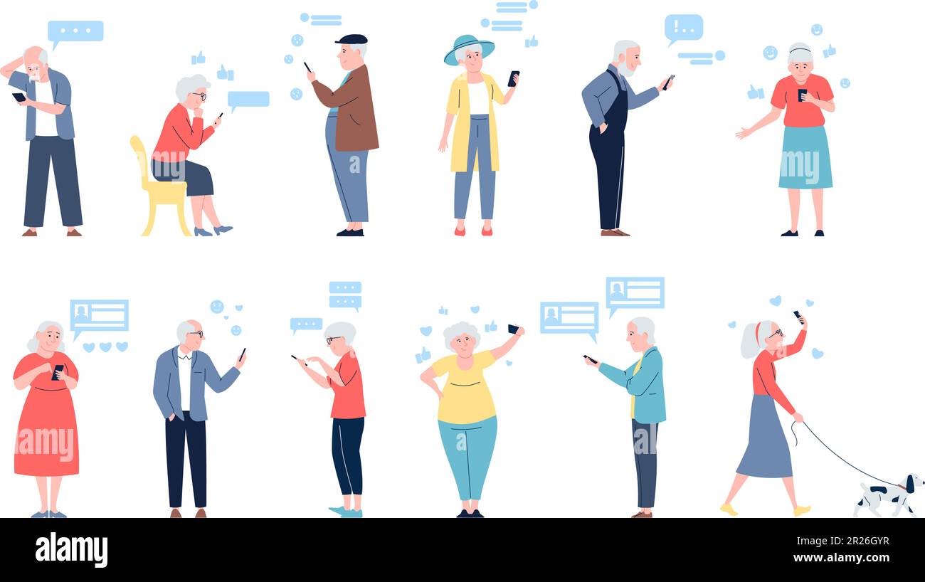 Seniors using smartphones. Modern elderly communicated with gadgets ...