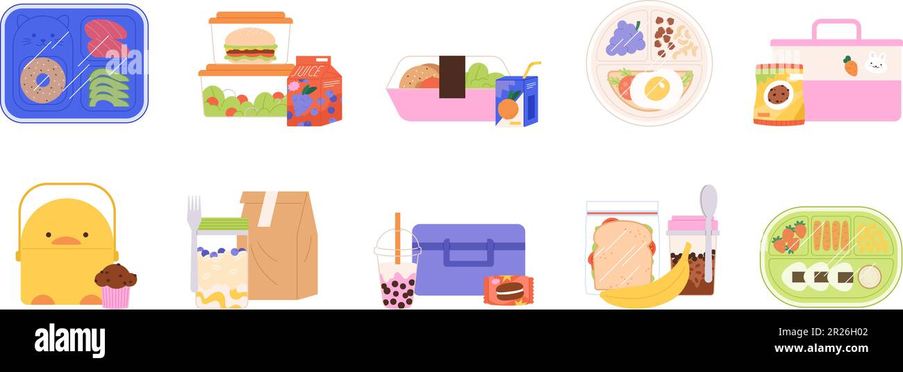 Children lunch box, snack set. Backpack food, sandwich bread, fruits ...