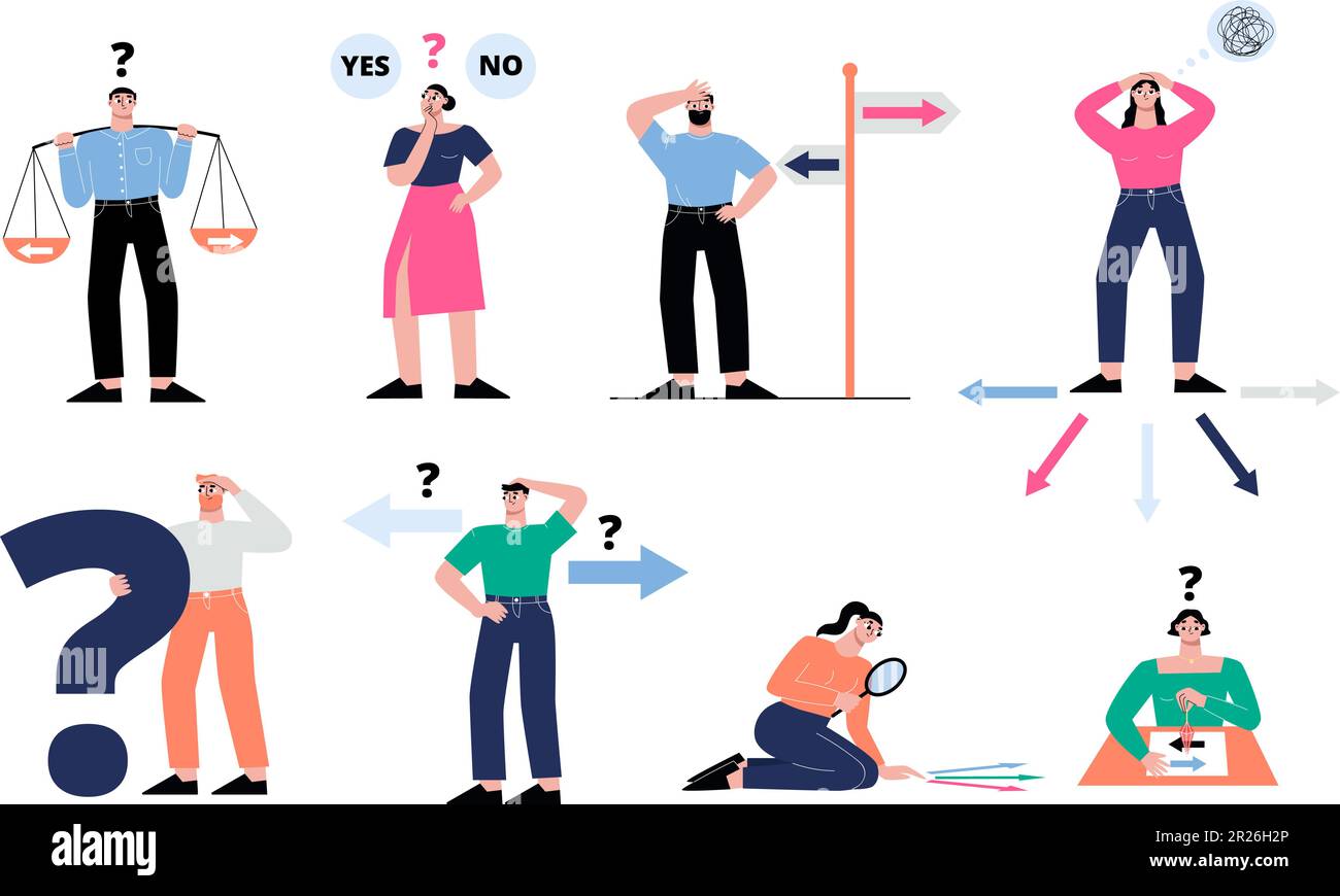 People choosing and thinking, choose paths. Thoughtful employee ...