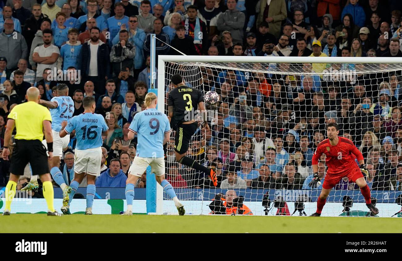 Manchester, UK. 17th May, 2023. Eder Militao of Real Madrid deflects ...