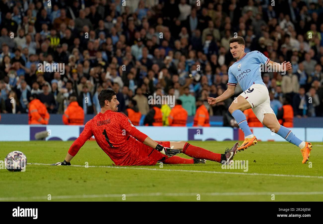 Manchester City's Julian Alvarez scores his sides forth goal during the ...