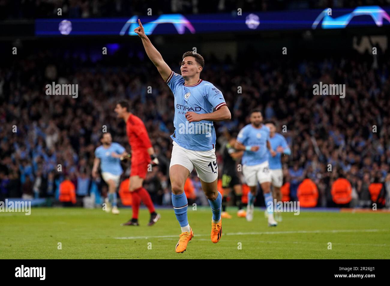 Manchester City's Julian Alvarez celebrates scoring his sides fourth ...