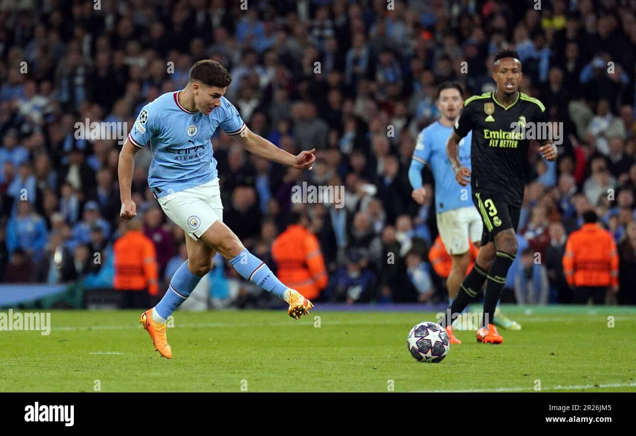 Manchester City's Julian Alvarez scoring his sides fourth goal during ...